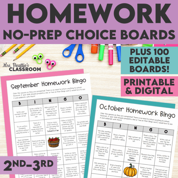 Homework Sheets: Homework Bingo Choice Boards for Elementary Students ...